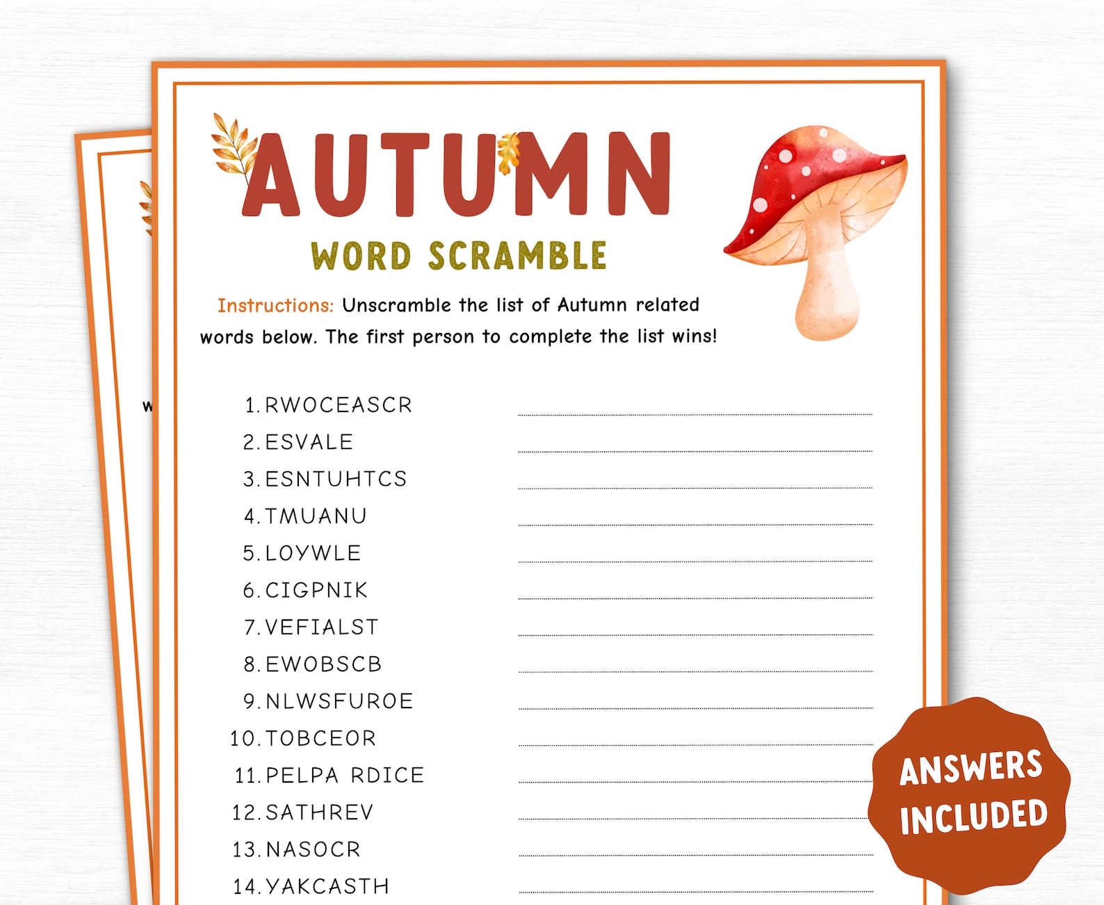 Autumn Word Scramble Printable Game, Fall Game, Printable Family Party ...