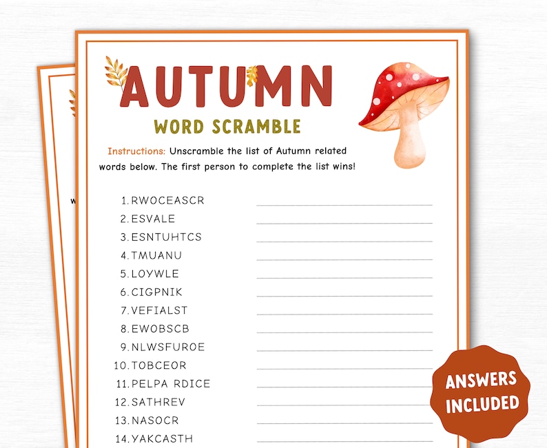 Autumn Word Scramble Printable Game, Fall Game, Printable Family Party ...