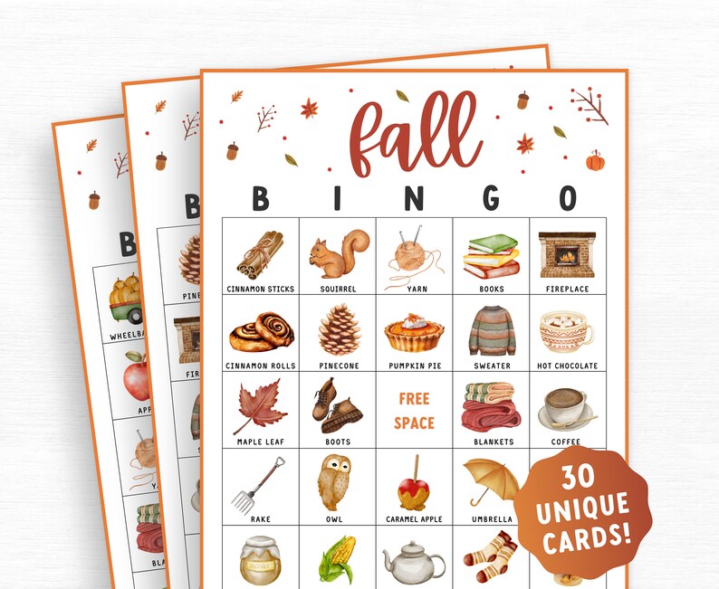 30 Fall Bingo Cards Printable, Autumn Bingo, Classroom Activity, Family ...