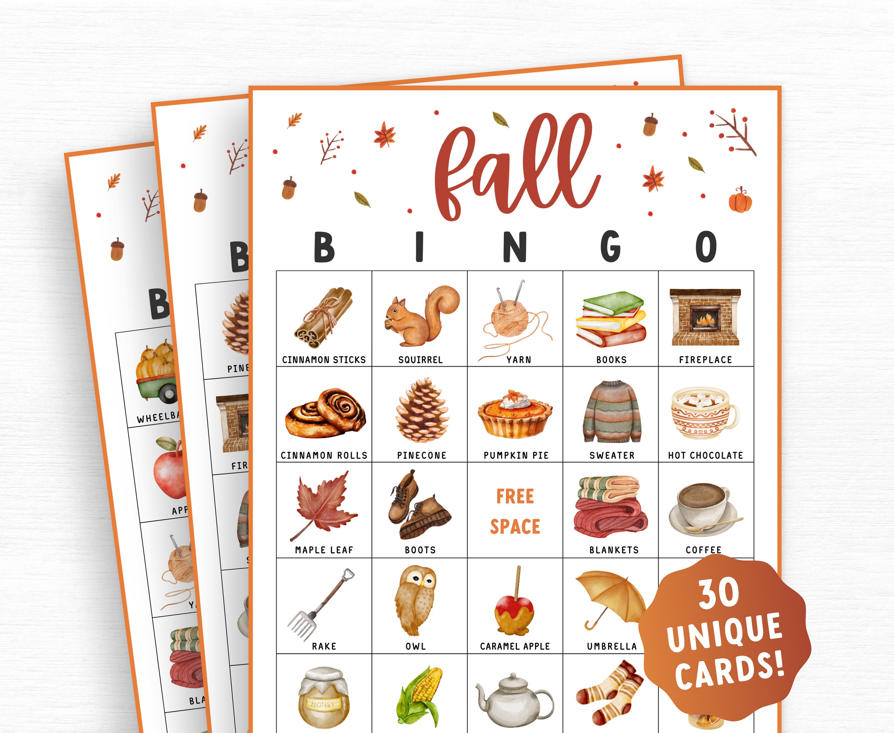30 Fall Bingo Cards Printable, Autumn Bingo, Classroom Activity, Family ...