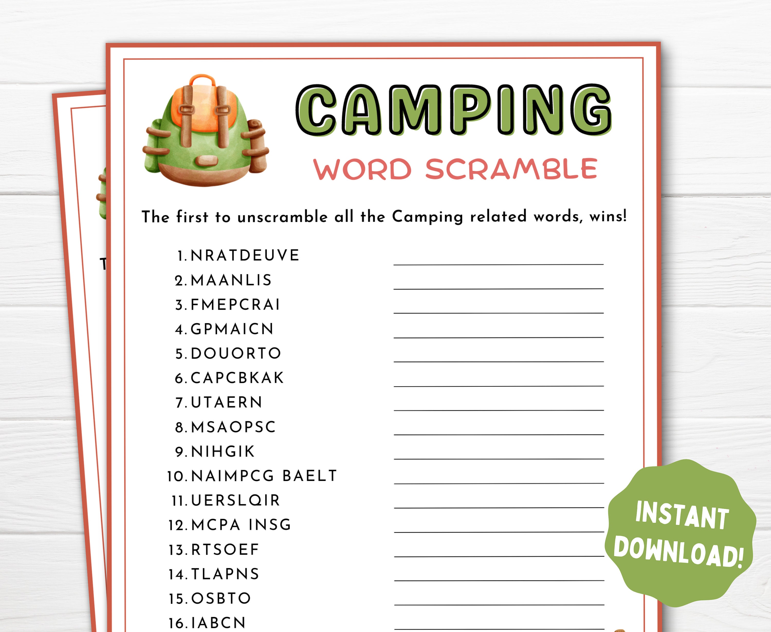 Camping Word Scramble Printable Game, Printable Camping Game for Kids ...