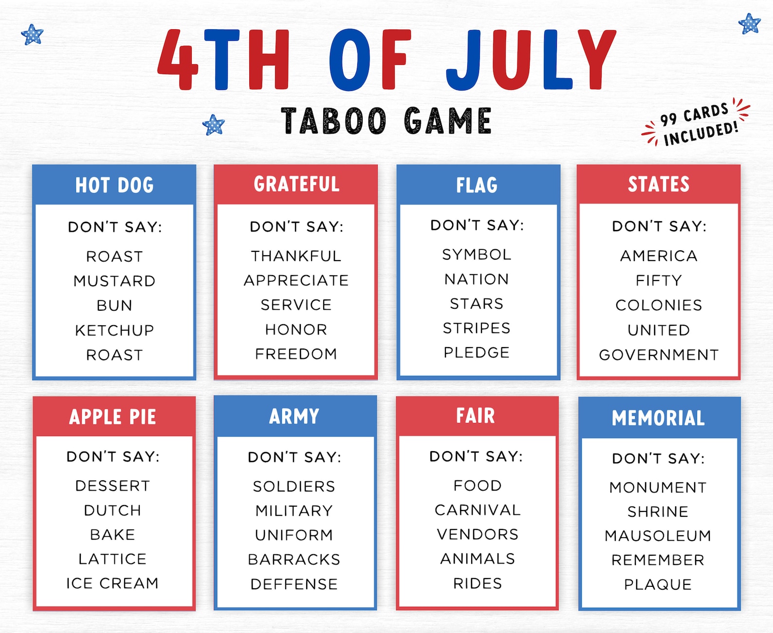 Fourth of July Taboo Game, Printable Patriotic Party Game, Family Game ...