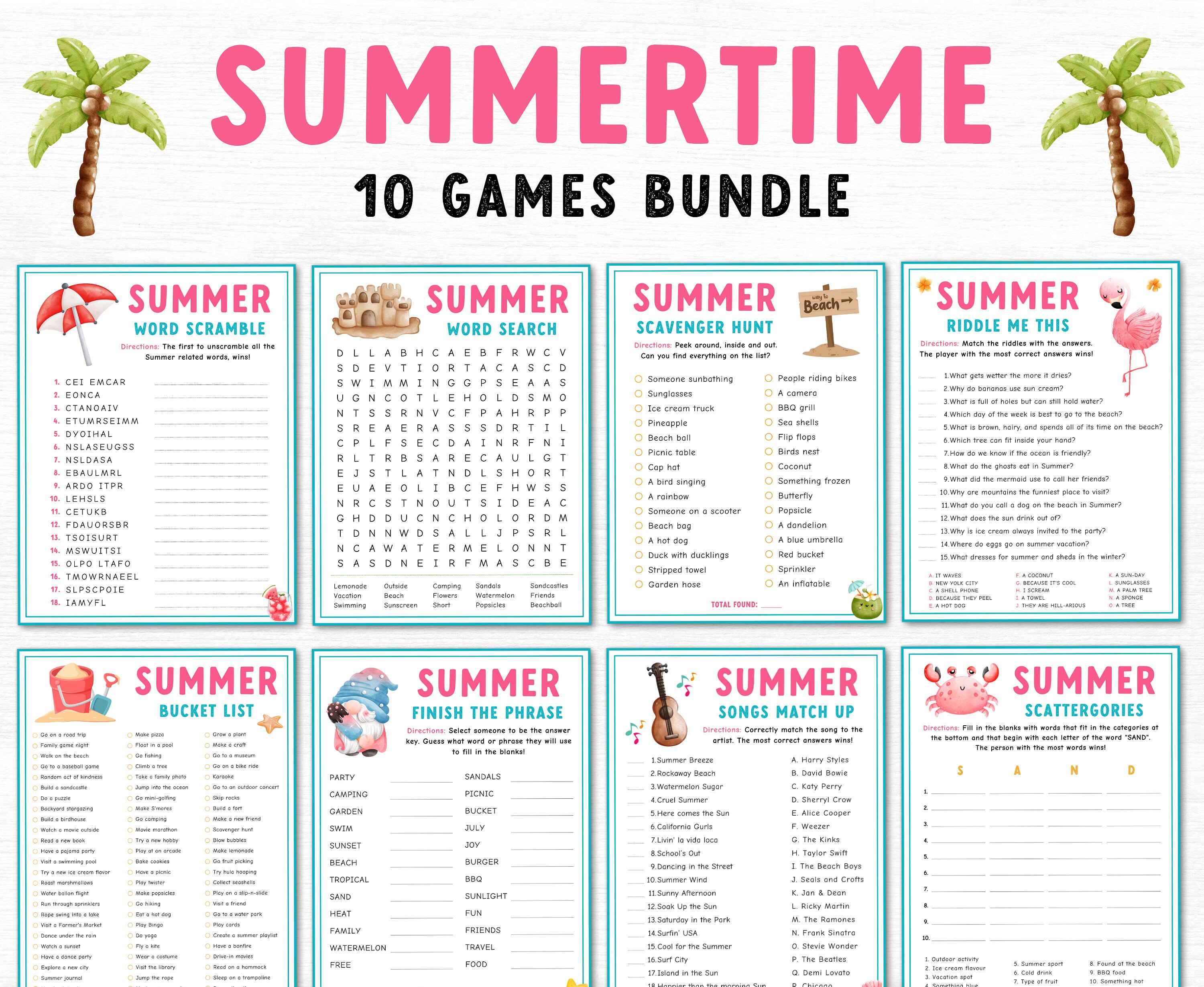 Summer Game Bundle, Printable Summer Game for Kids and Adults ...