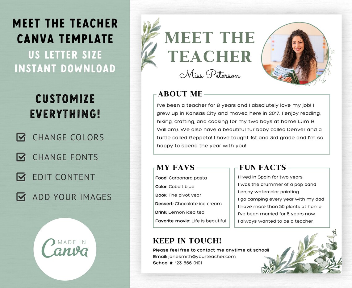 Meet the Teacher Template Watercolor, Classroom Printable Teacher ...