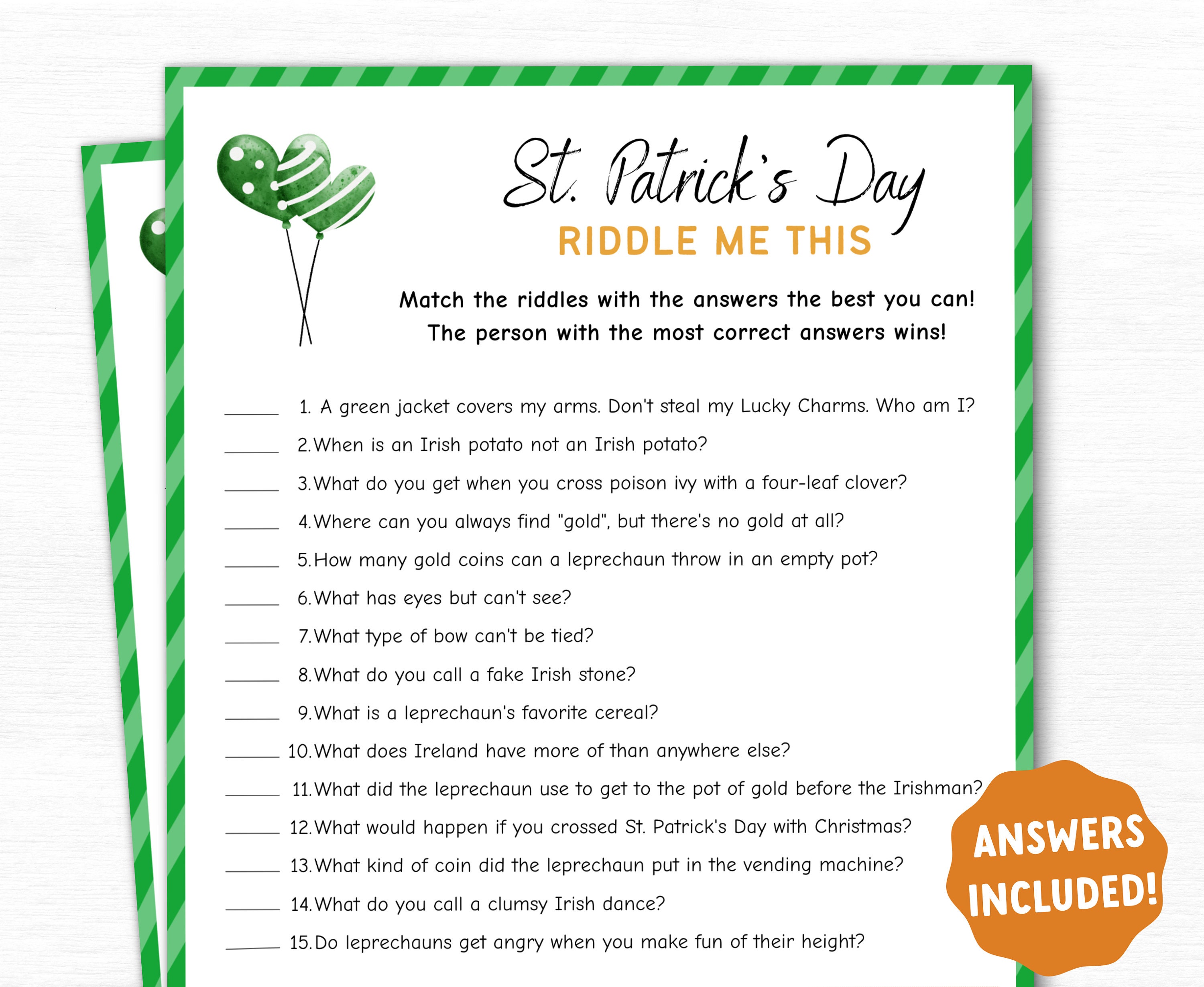 St. Patricks Day Riddle Me This Printable Game, Family Patricks Day ...