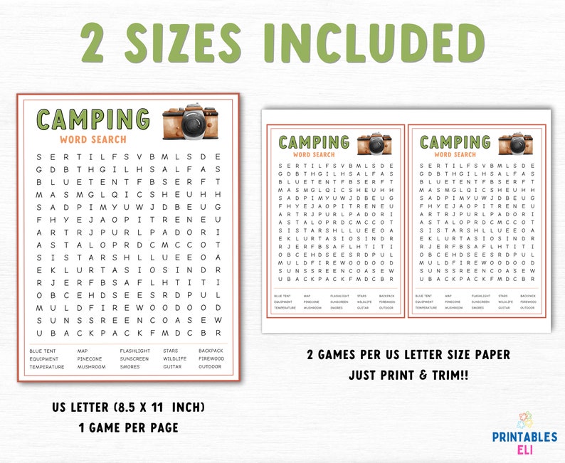 Camping Word Search Printable Game, Printable Camping Game for Kids ...