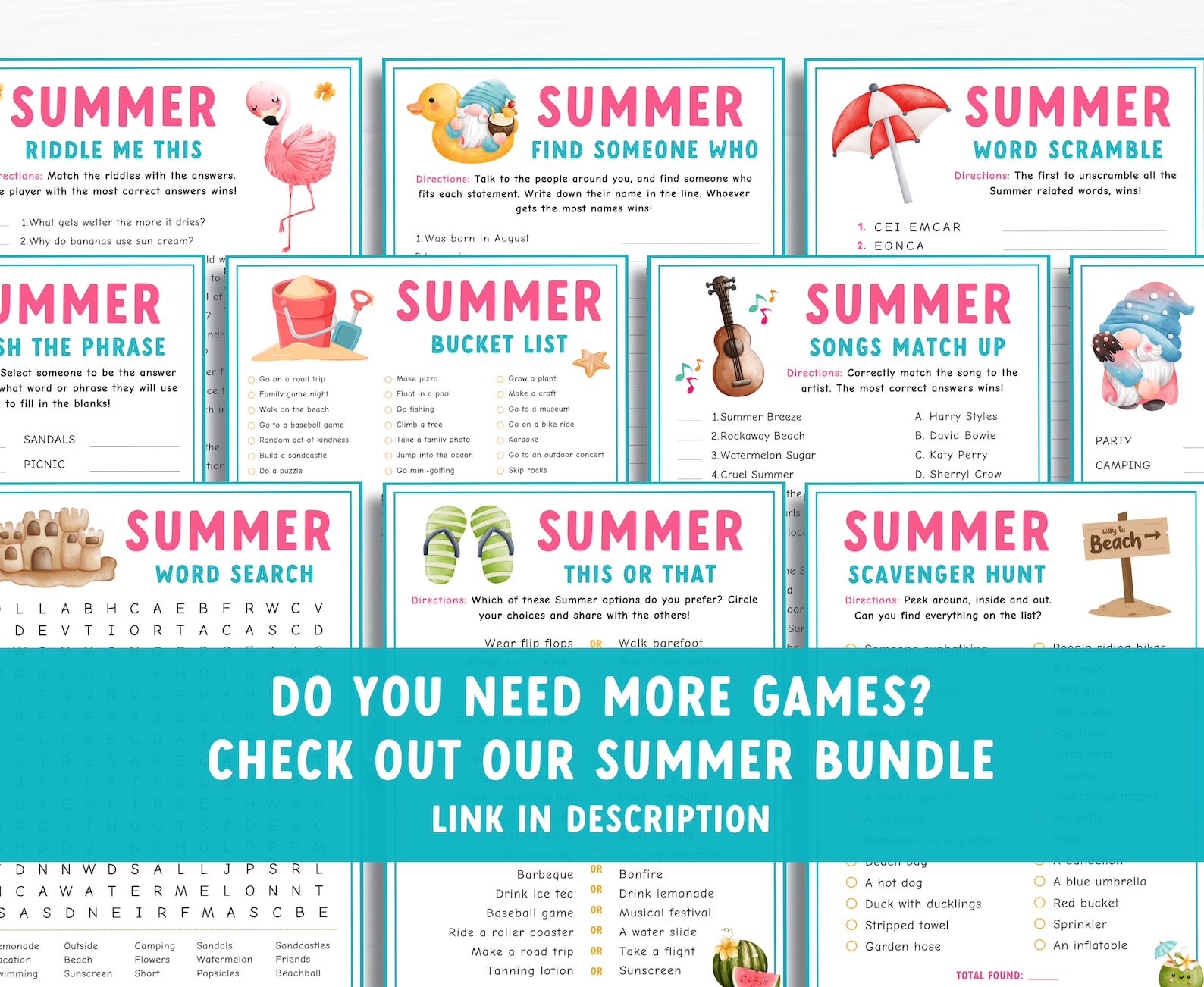 Summer Songs Match up Printable Game, Family Summer Game Printable ...