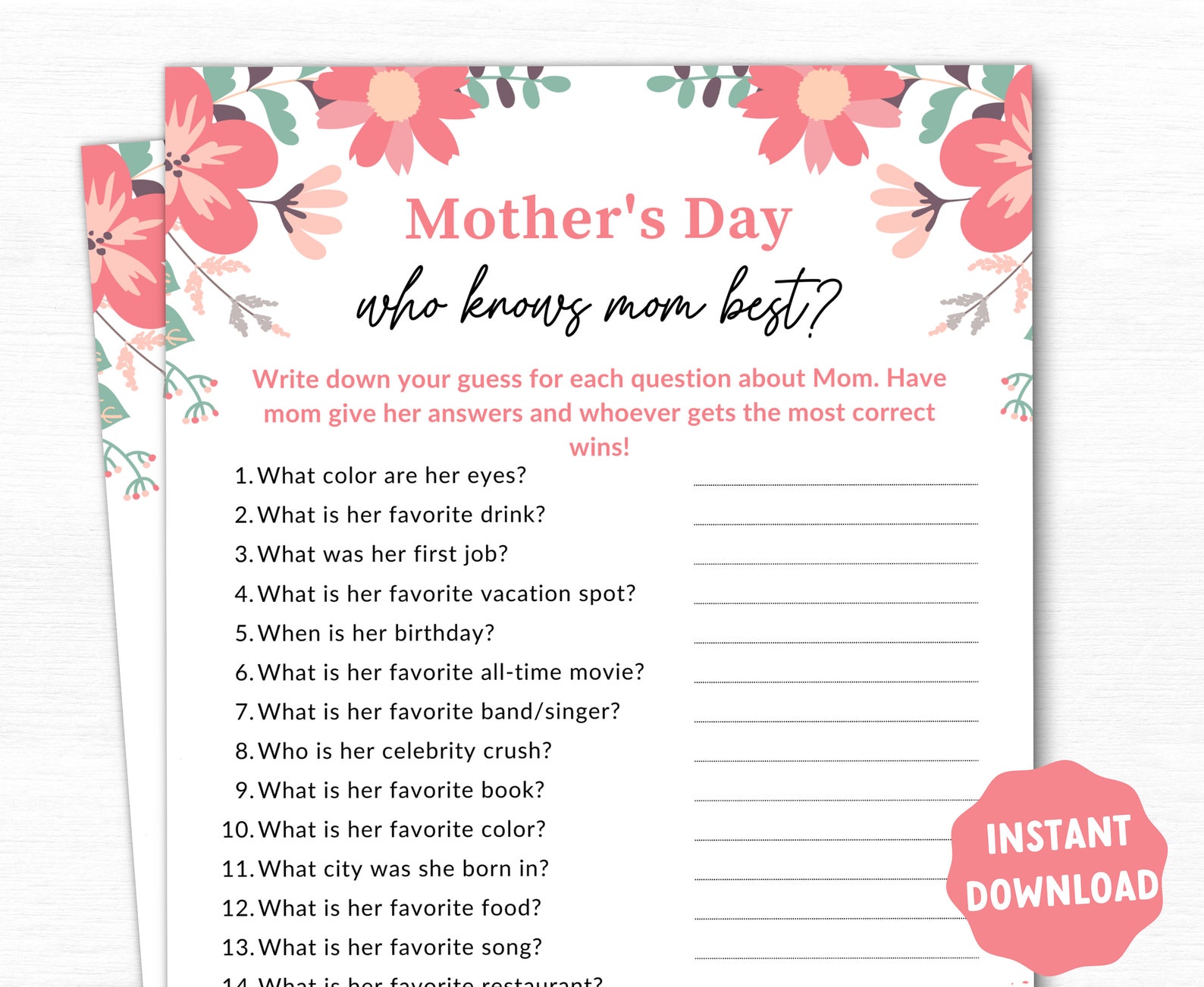 Mother's Day Who Knows Mom Best Game Printable - Etsy