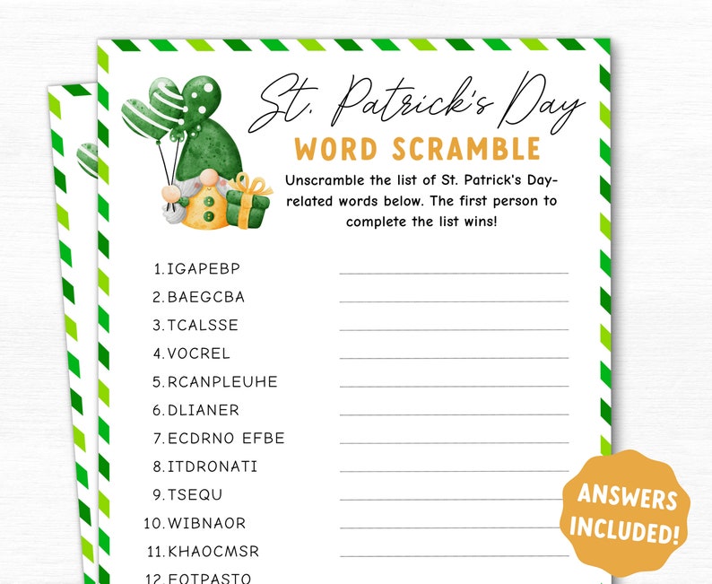 St. Patrick's Day Word Scramble Game Printable - Etsy