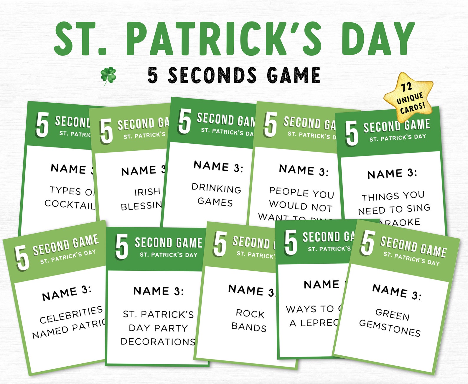 St. Patricks Day 5 Second Game Printable, Party Game, Printable St ...