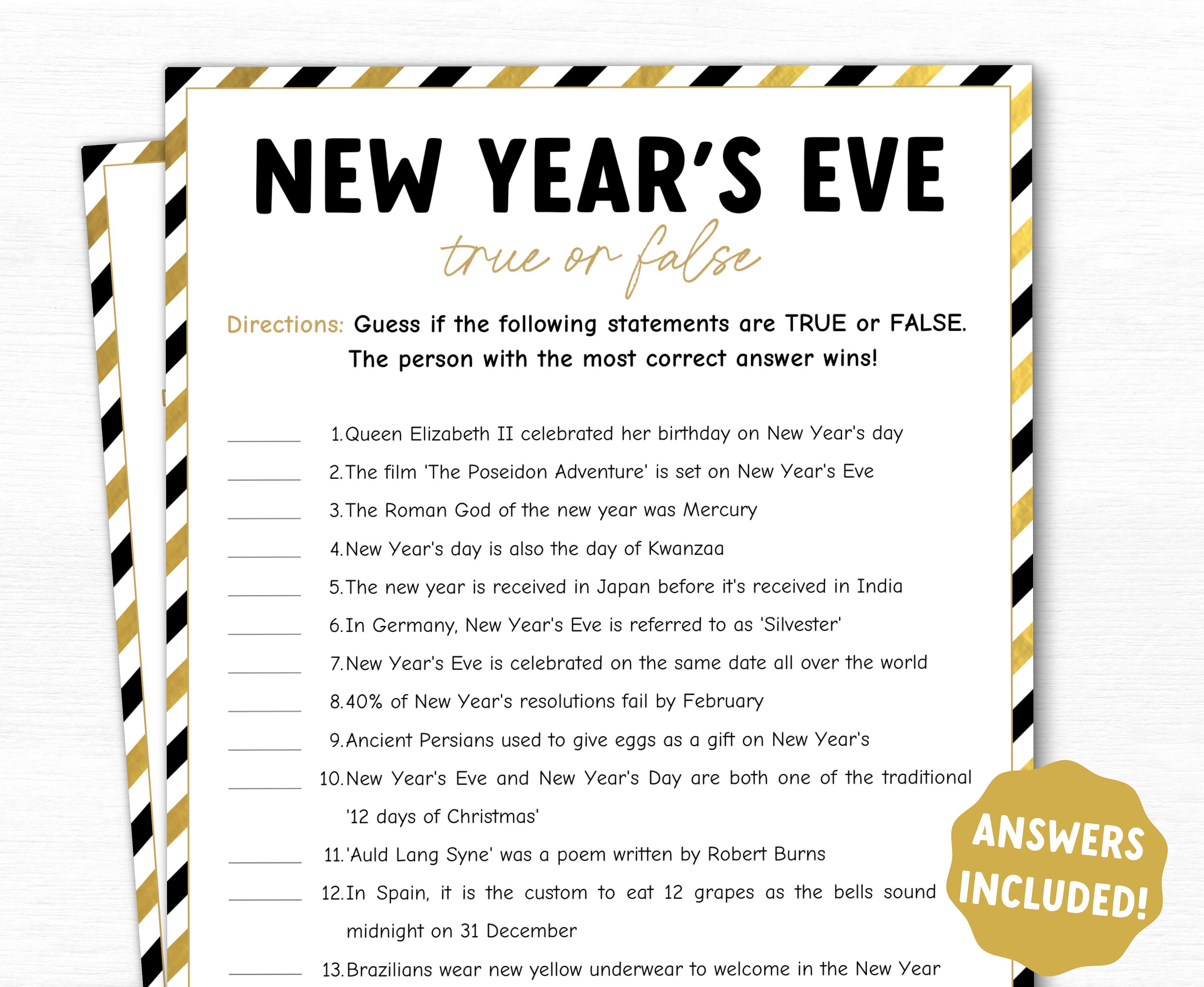 New Year Eve True or False Game, Printable New Year Family Game ...