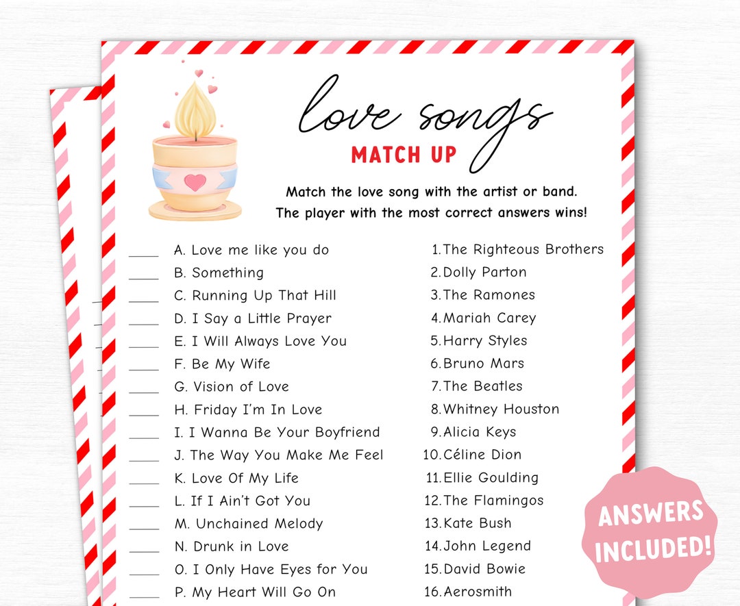 Valentines Day Love Songs Match up Game Printable, Family Game ...