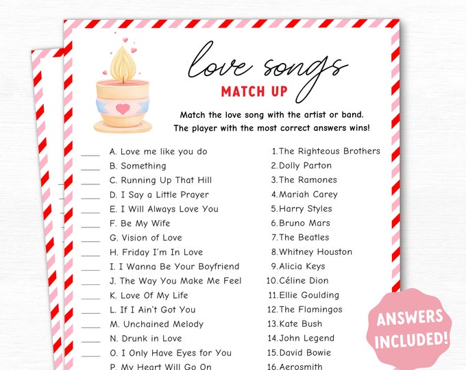 Valentines Day Love Songs Match up Game Printable, Family Game ...