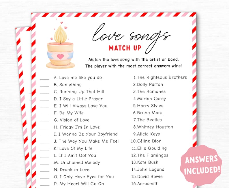 Valentines Day Love Songs Match up Game Printable, Family Game ...