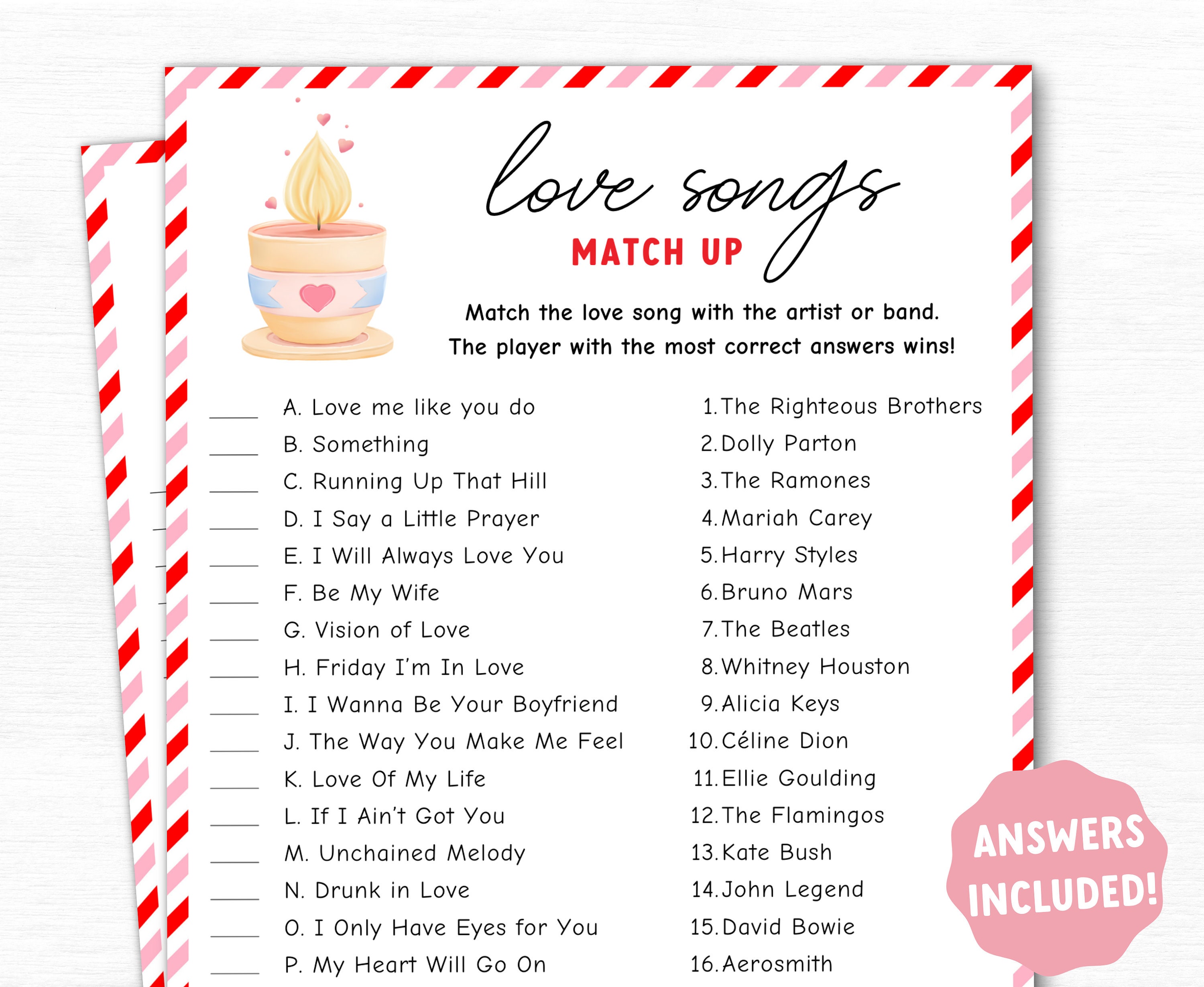 Valentines Day Love Songs Match up Game Printable Family - Etsy