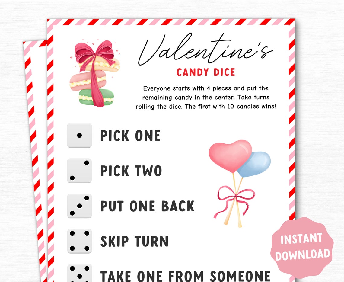 Valentines Day Candy Dice Game, Printable Valentines Day Game for Kids ...