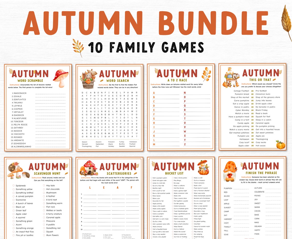 Autumn Games Bundle, Printable Fall Game for Kids and Adults, Autumn ...
