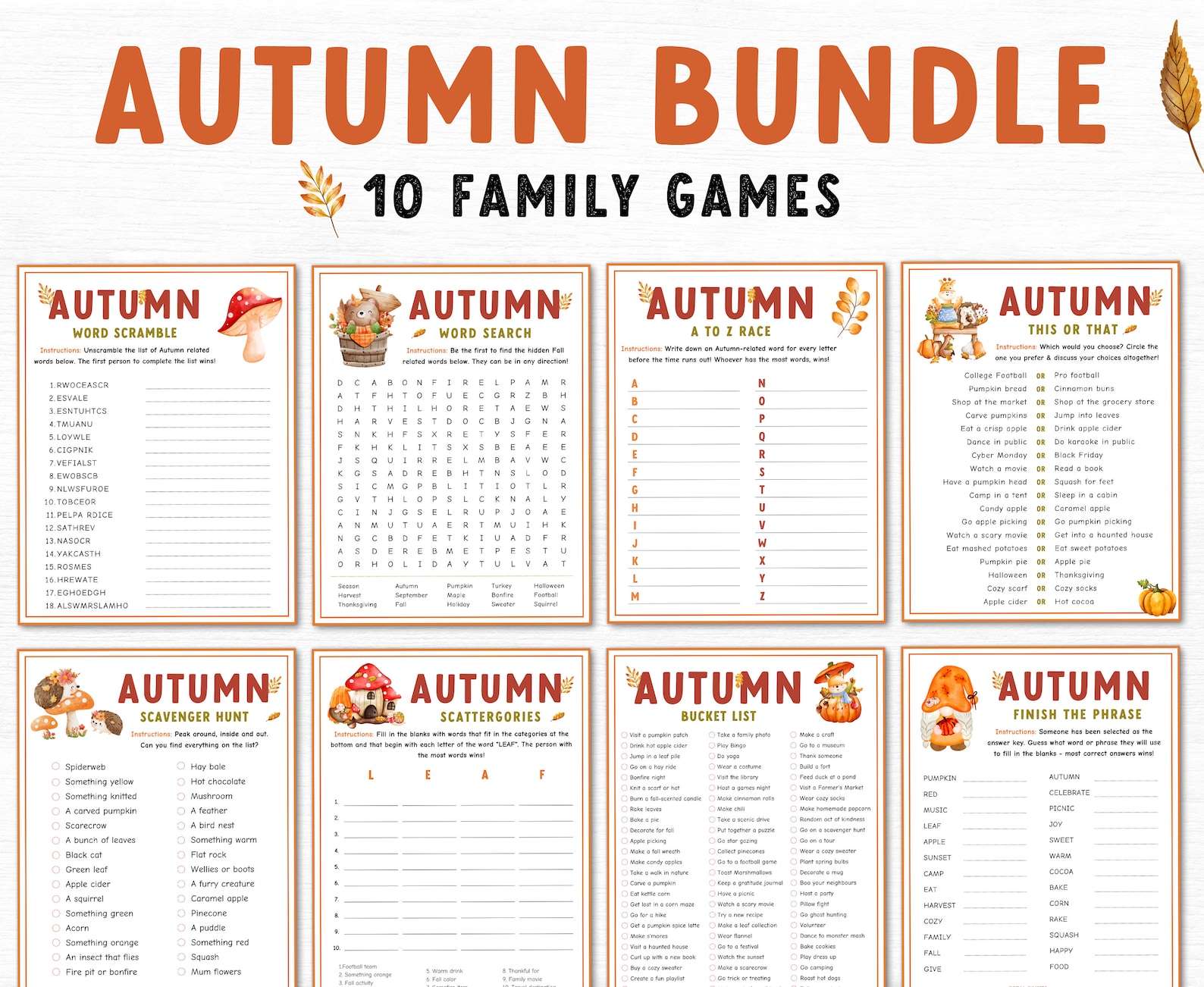Autumn Games Bundle, Printable Fall Game for Kids and Adults, Autumn ...