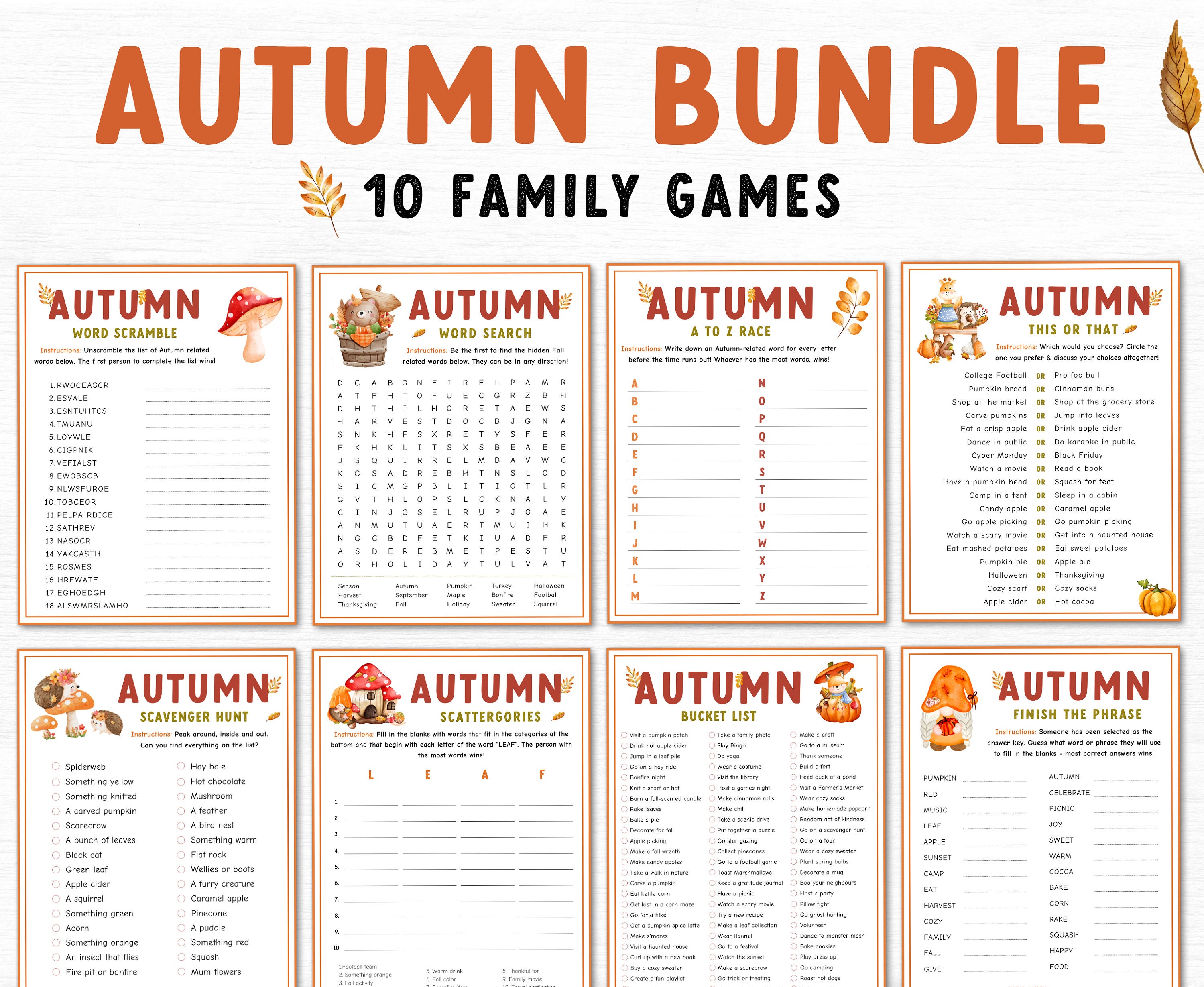 Autumn Games Bundle, Printable Fall Game for Kids and Adults, Autumn ...
