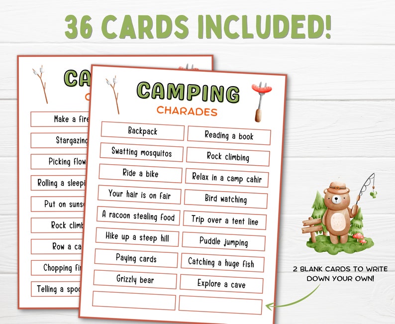 Camping Charades Printable Game Camping Pictionary Draw It - Etsy