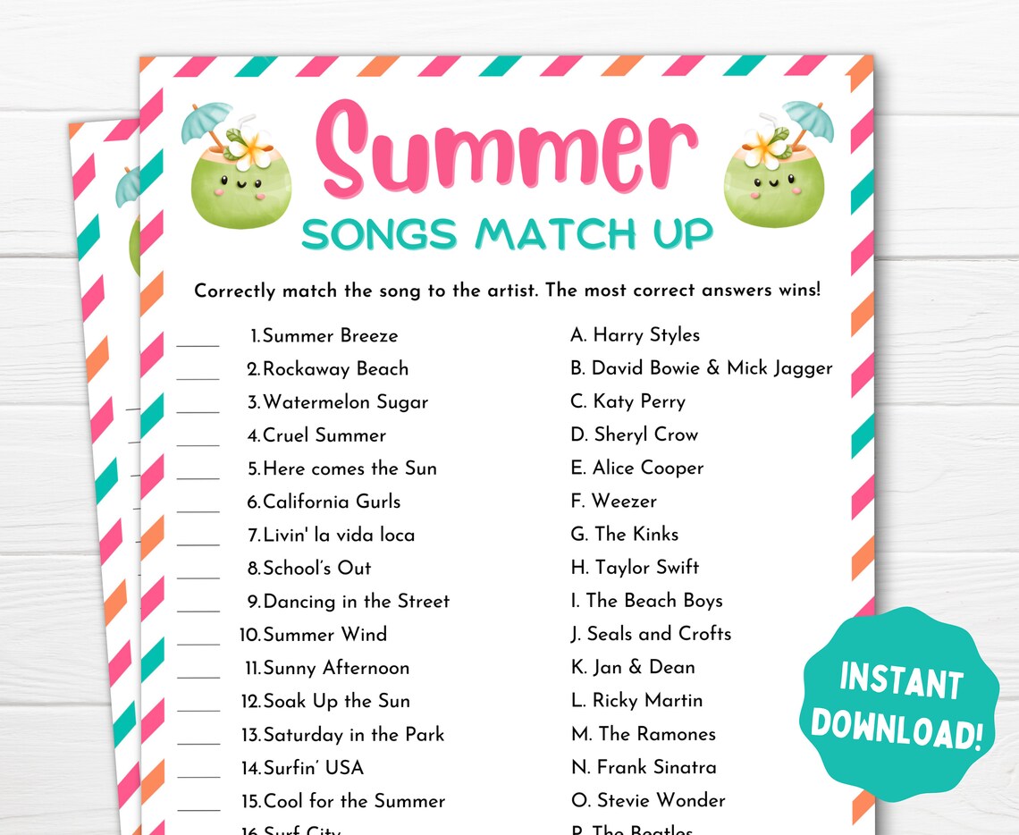 Summer Songs Match up Printable Game Family Summer Game - Etsy