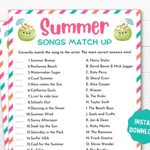 Summer Songs Match up Printable Game Family Summer Game - Etsy