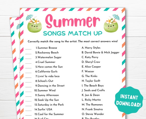 Summer Songs Match up Printable Game Family Summer Game - Etsy
