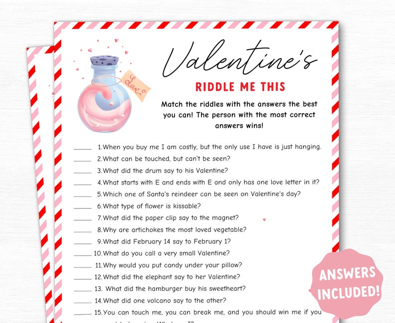 Valentines Day Riddle Me This Game, Printable Valentines Day Game for ...