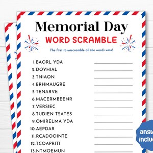 Printable Memorial Day Word Scramble Game Memorial Day Game - Etsy