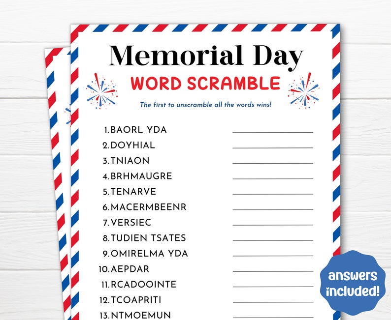 Printable Memorial Day Word Scramble Game Memorial Day Game - Etsy