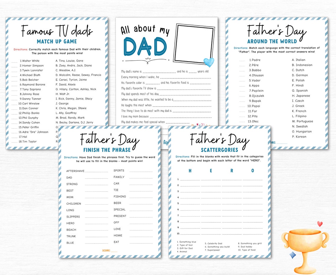 15 Printable Fathers Day Game Bundle, Fathers Day Games for Kids and ...
