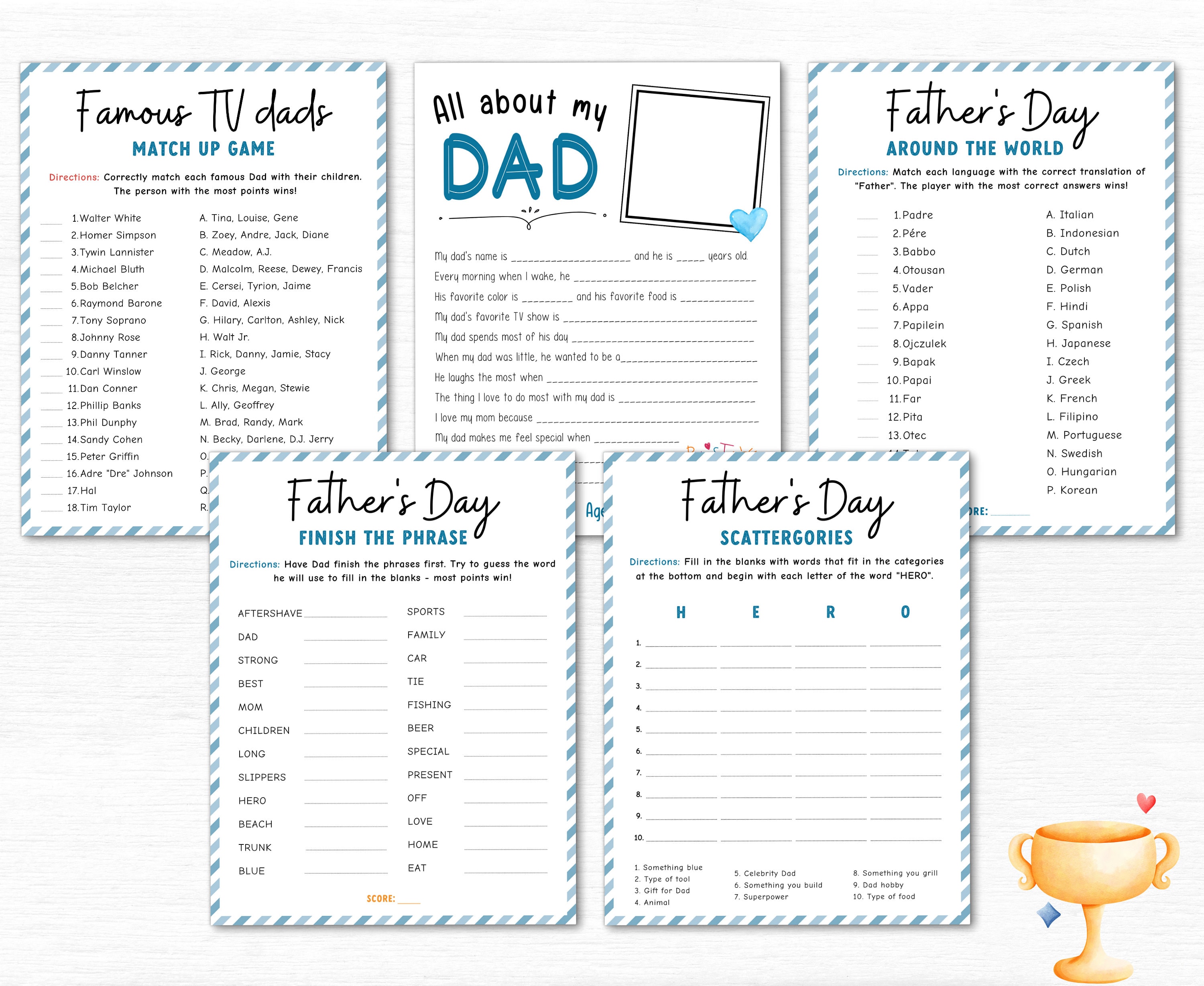 15 Printable Fathers Day Game Bundle, Fathers Day Games for Kids and ...