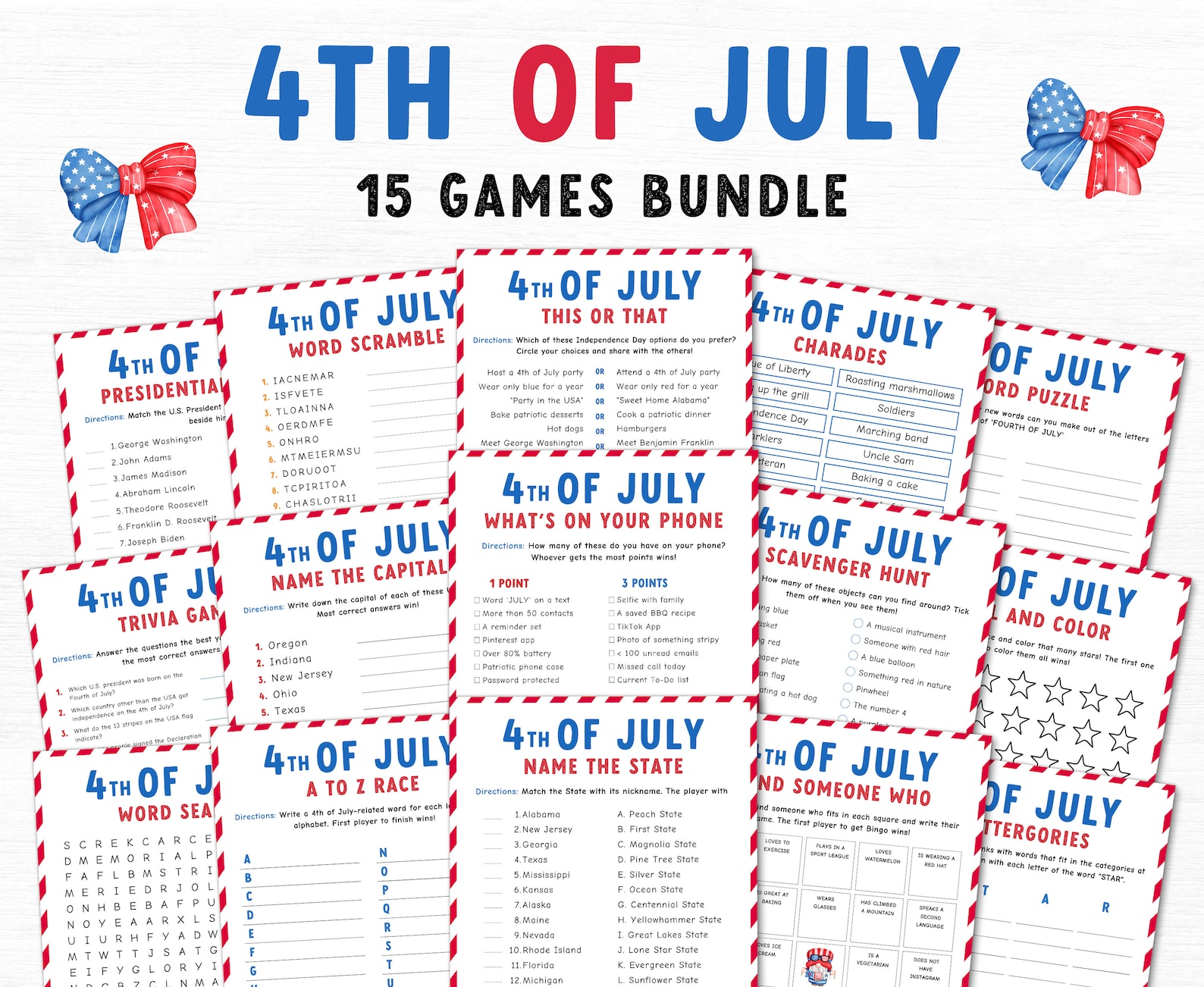 15 Fourth of July Printable Games Bundle, 4th of July Printable Games ...