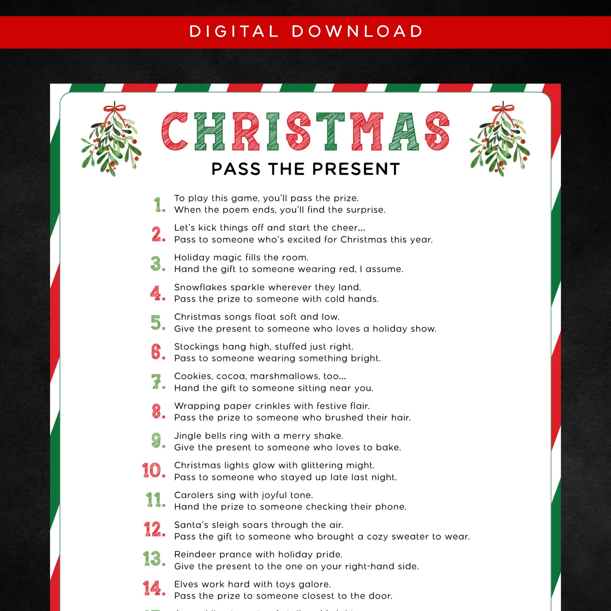 Pass the Prize Game Printable, Holiday Poem Gift Exchange, Printable ...