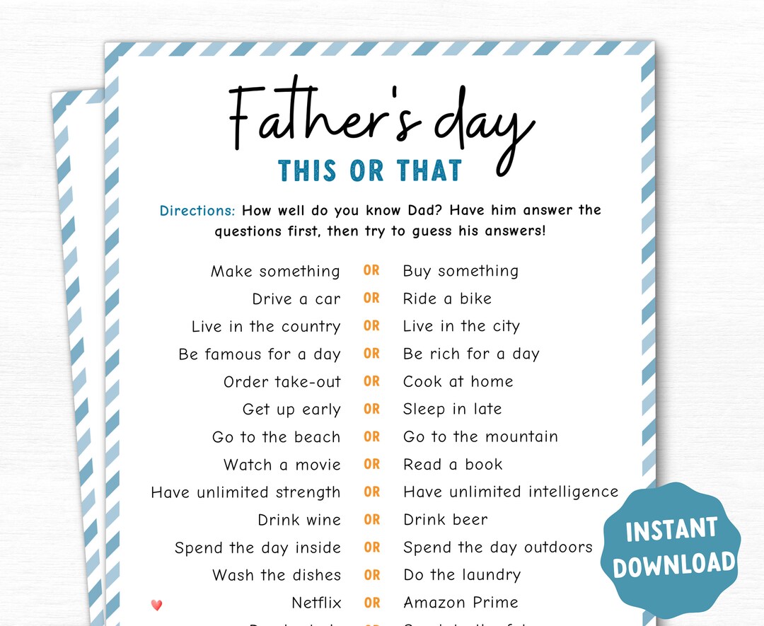 Father's Day This or That Game, Would He Rather Game, Printable Fathers ...