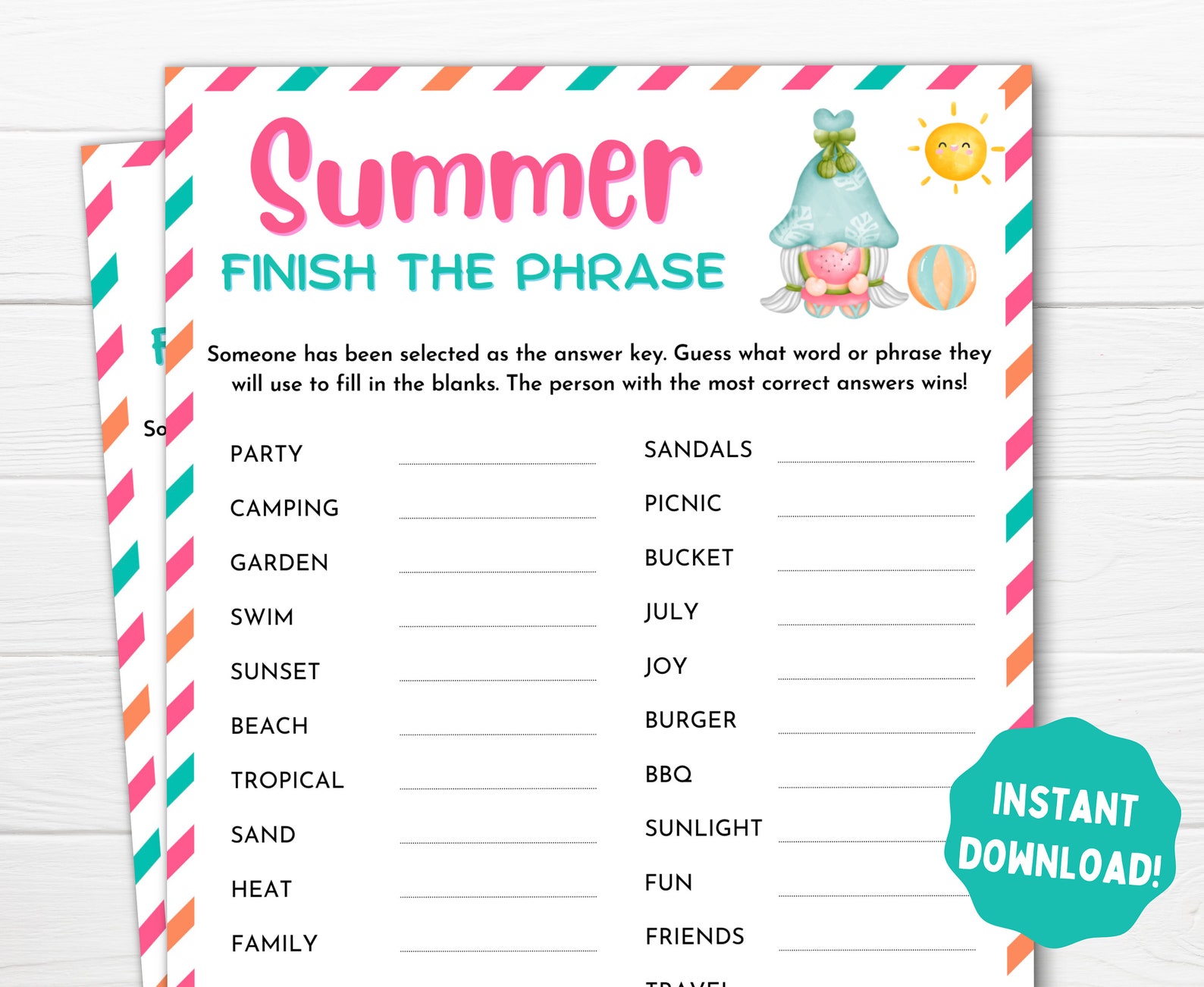 Summer Finish the Phrase Printable Game Family Summer Game - Etsy