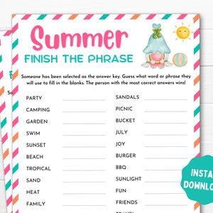 Summer Finish the Phrase Printable Game Family Summer Game - Etsy
