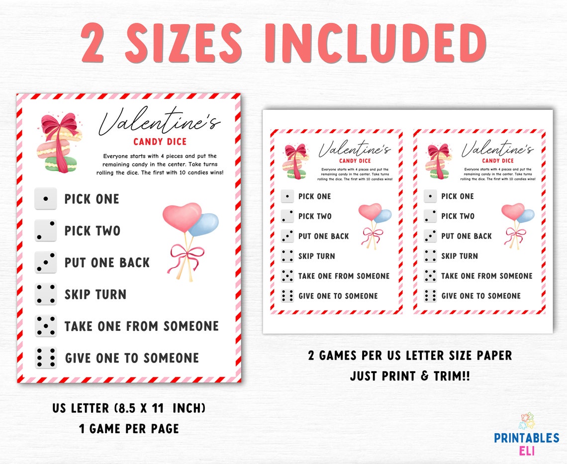 Valentines Day Candy Dice Game, Printable Valentines Day Game for Kids ...