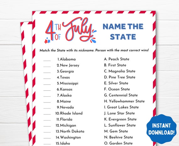 Fourth of July Printable Game 4th of July Name the State - Etsy