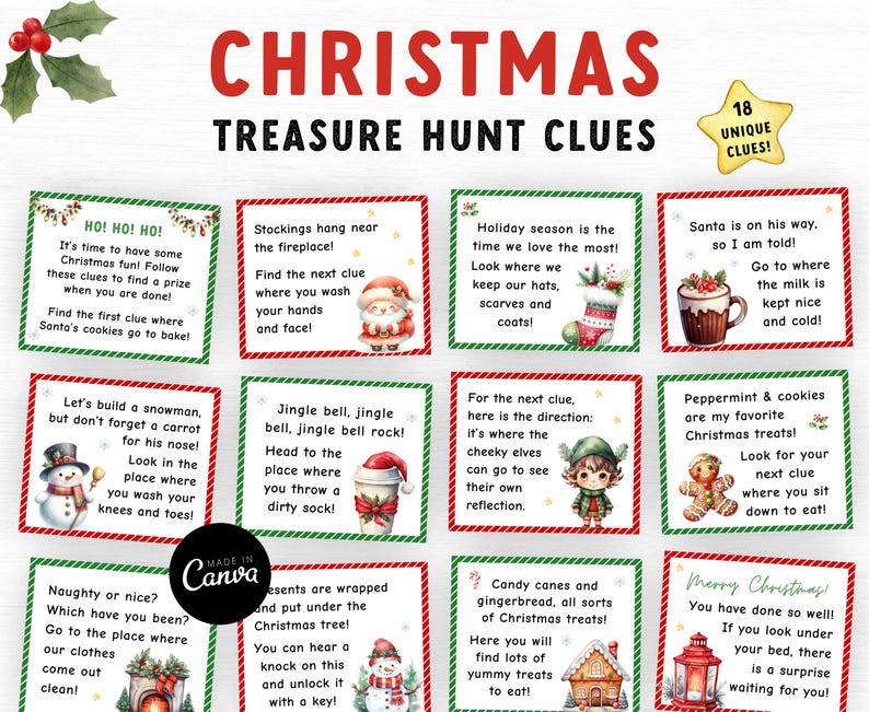 Christmas Treasure Hunt for Kids, Holiday Treasure Hunt Clues, Winter ...
