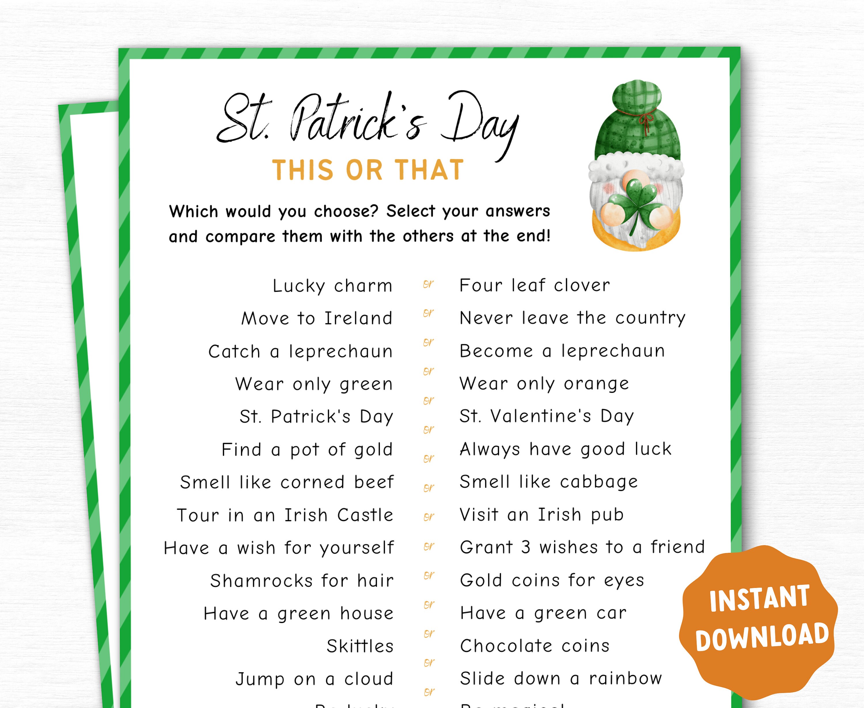 St. Patrick's Day This or That Game, Printable St. Patrick's Would You ...