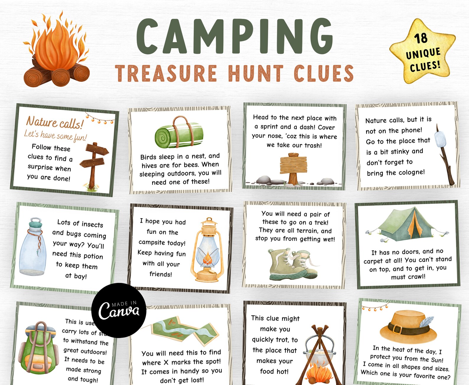 Editable Camping Scavenger Hunt for Kids, Outdoor Treasure Hunt Clues ...