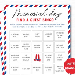 Printable Memorial Day Find the Guest Bingo Game, Memorial Day Game for ...