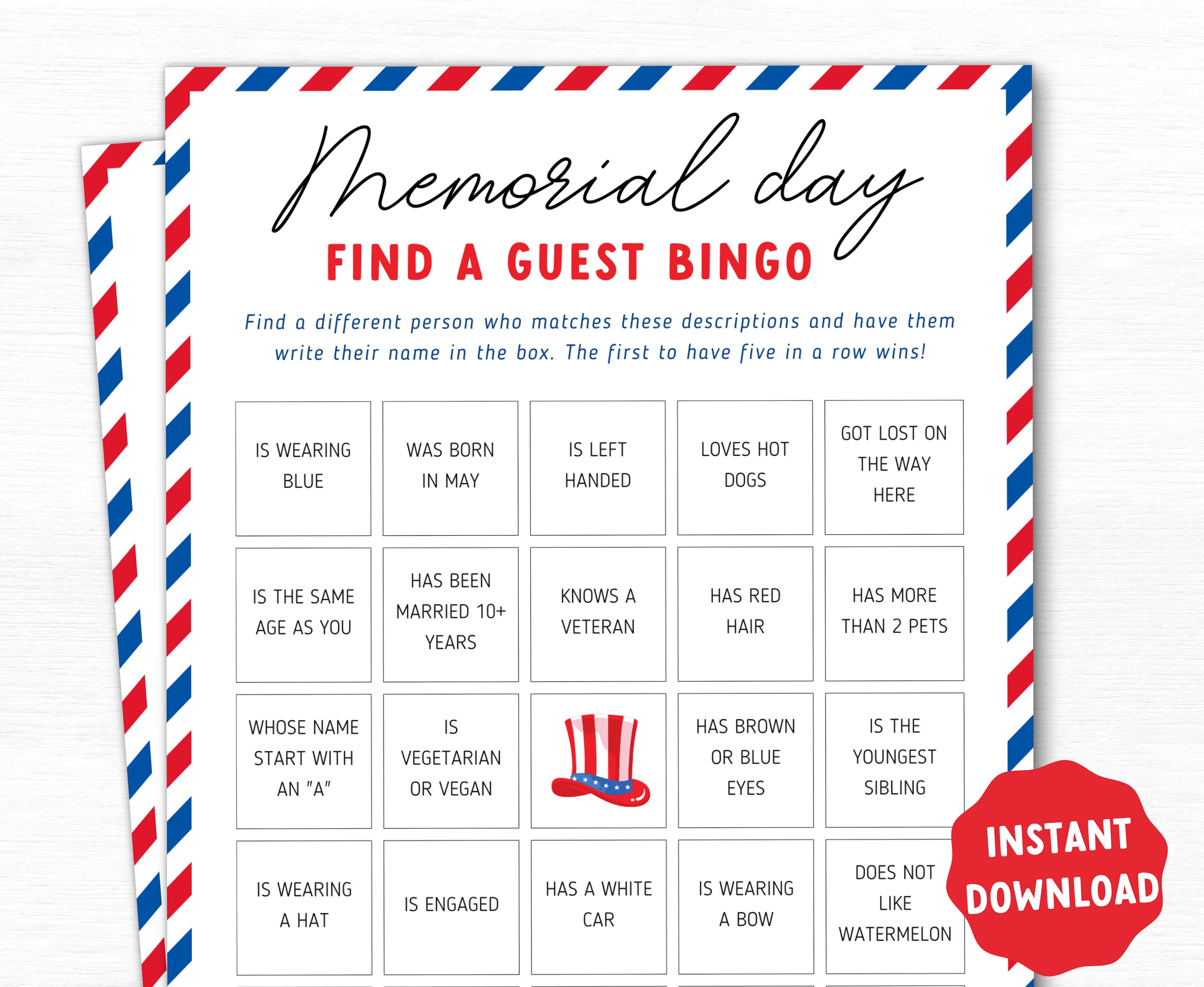 Printable Memorial Day Find the Guest Bingo Game, Memorial Day Game for ...