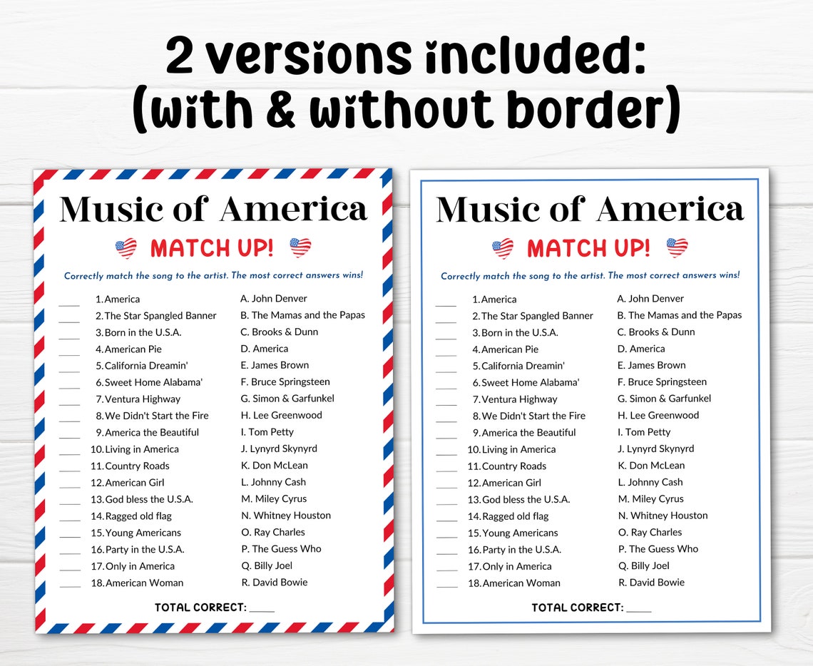 Music of America Match up Game Printable Memorial Day Game - Etsy