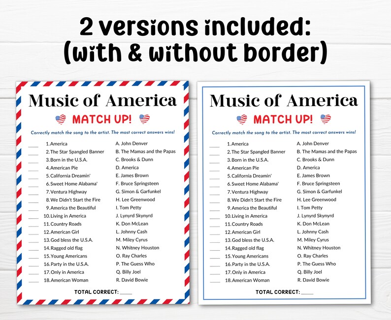 Music of America Match up Game Printable Memorial Day Game - Etsy