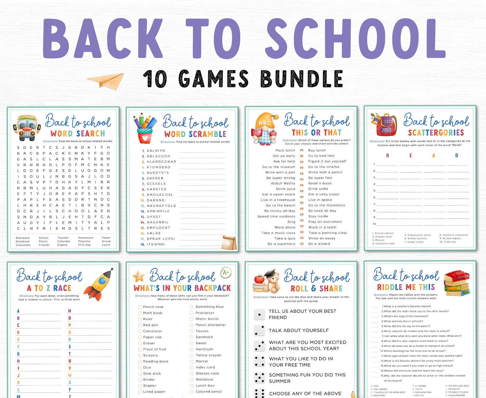 Back to School Games Bundle, Printable Back to School Games, First Day ...