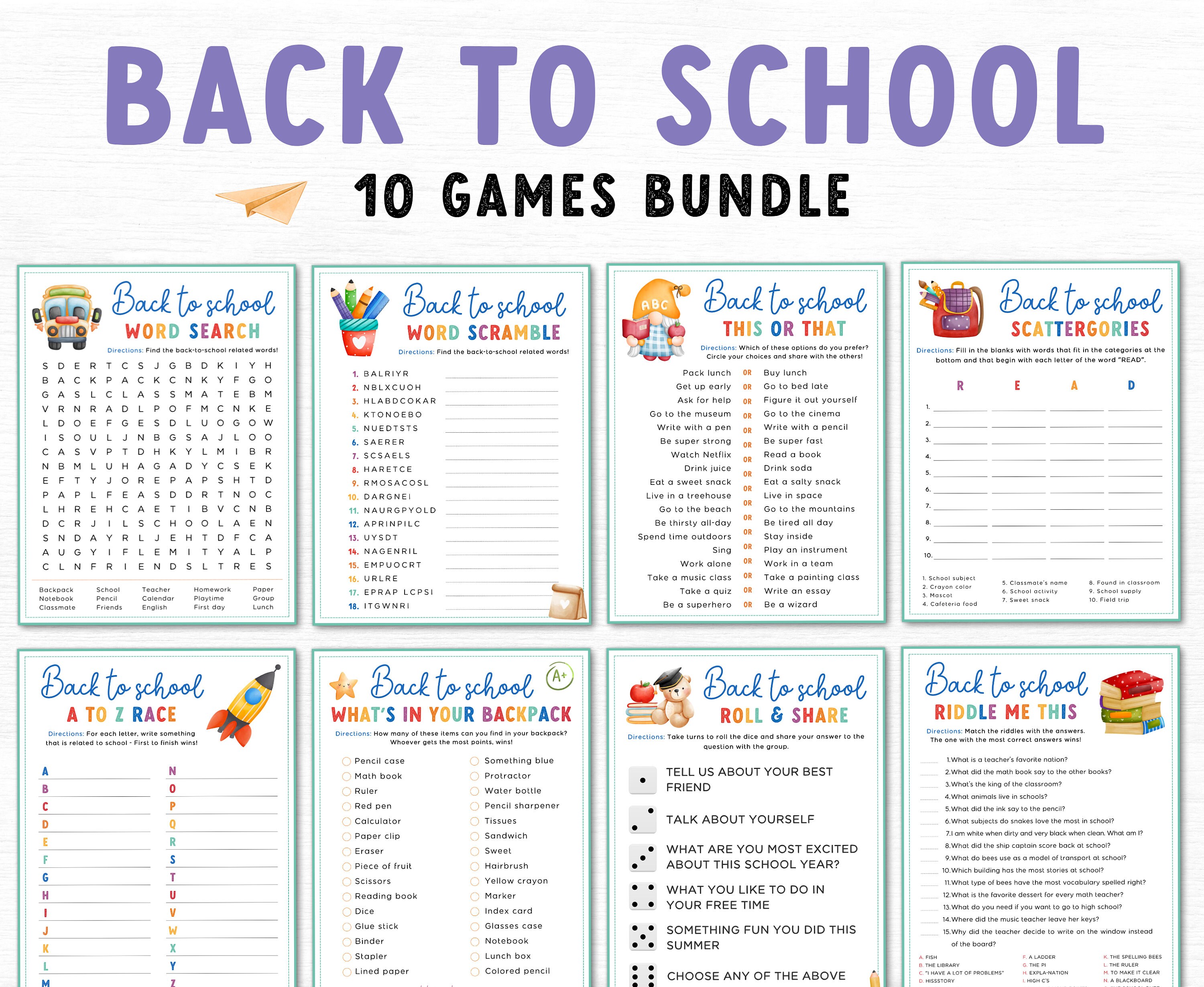 Back to School Games Bundle, Printable Back to School Games, First Day ...