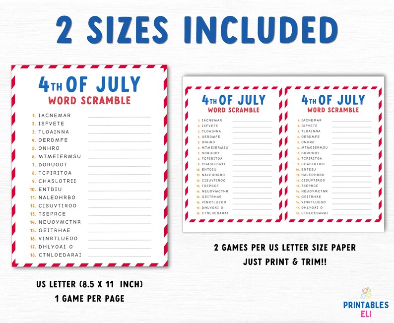 Fourth of July Word Scramble Printable Game, 4th of July Game ...