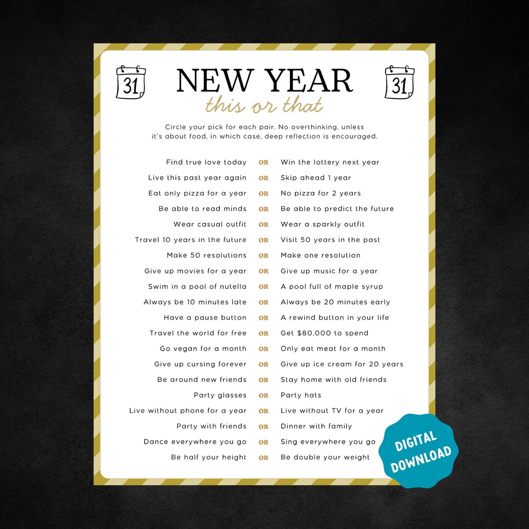 New Years Eve Would You Rather Printable Game, New Year Party Game ...